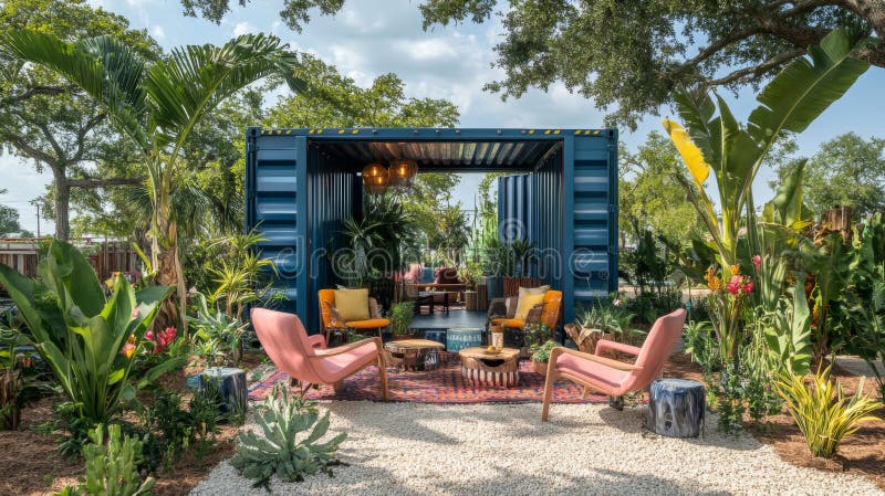 Tropical Garden Lounge in Blue Shipping Container Stock Illustration ...