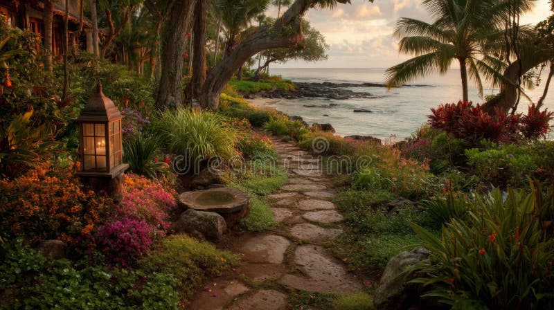 Tropical Garden Path Leading To Ocean Sunset Stock Image - Image of ...