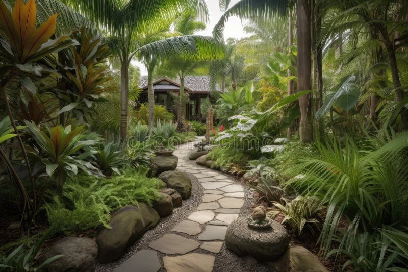 Tropical Garden with Winding Stone Pathways and Towering Palms Stock ...