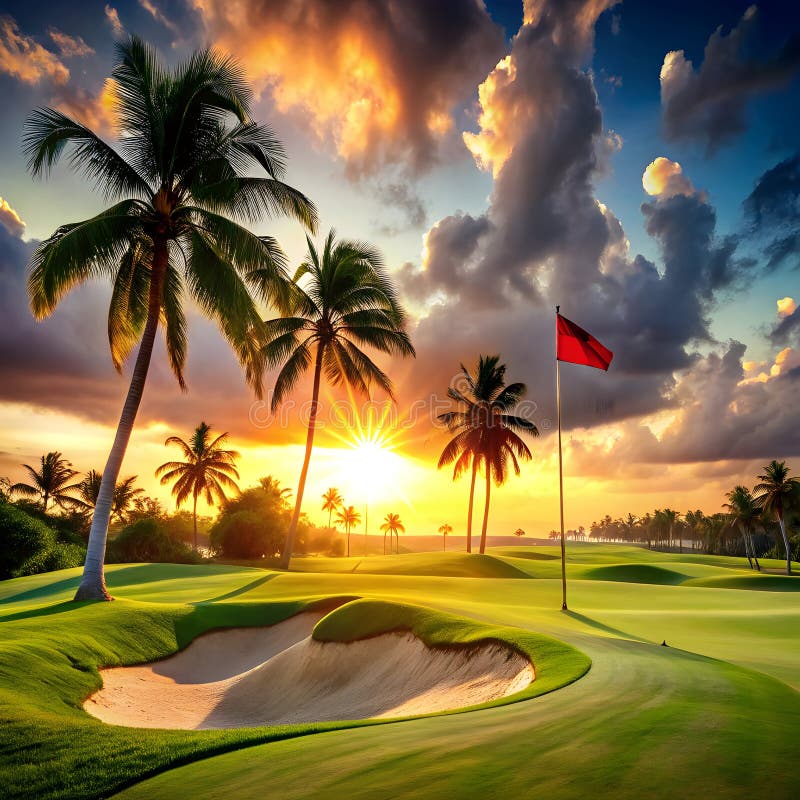 Tropical Golf Course with Sand Bunker and Palm Trees at Sunset Stock ...