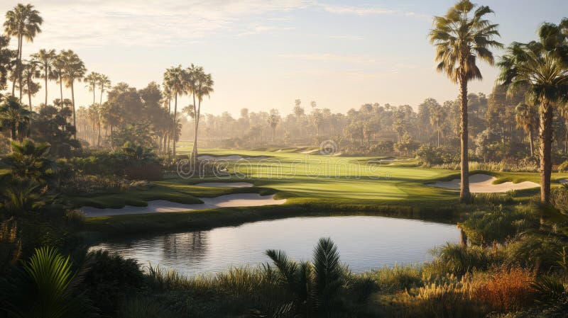 Tropical Golf Course Sunrise Landscape Stock Illustration ...