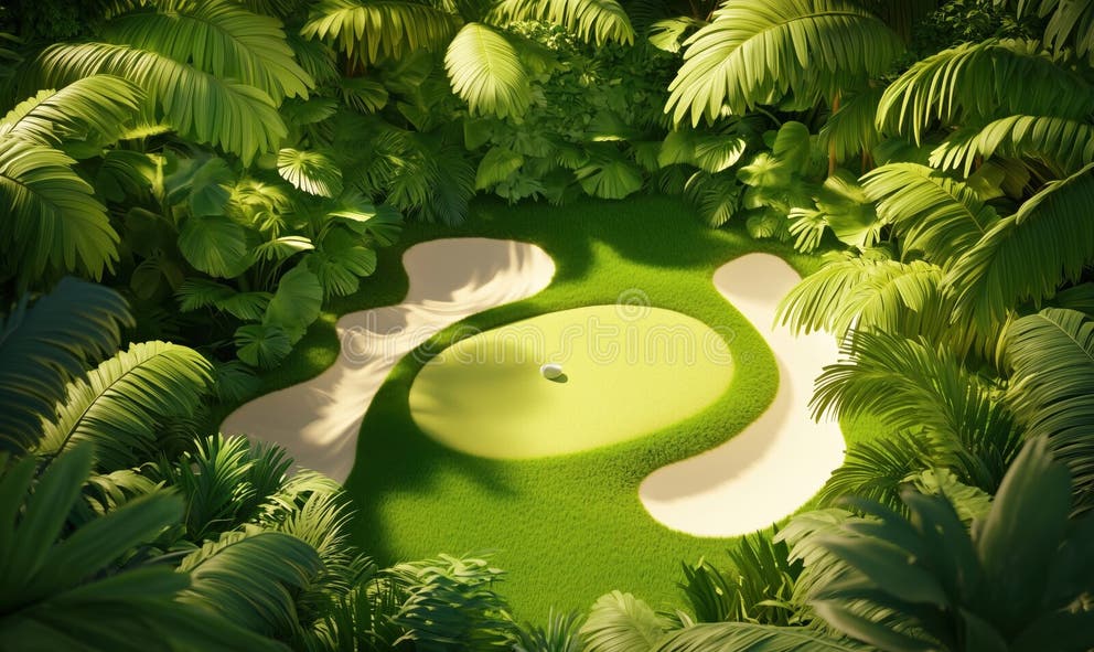 Tropical Golf Course Surrounded by Lush Greenery and Sand Traps Stock ...