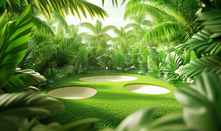 Tropical Golf Course Surrounded by Lush Greenery and Sand Traps Stock ...