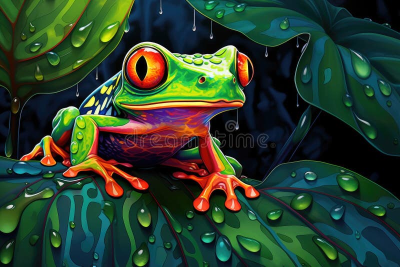 Tropical Green Frog in the Rainforest Stock Illustration - Illustration ...