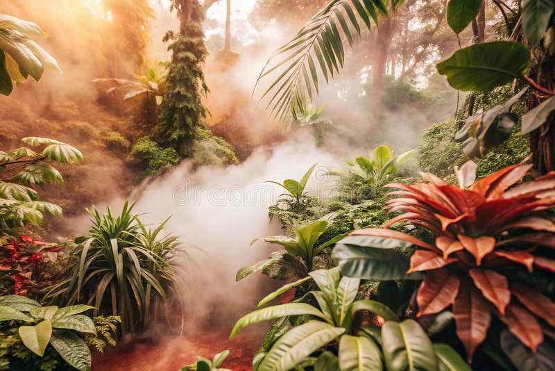 Tropical Greenhouse Mist Garden Scene Stock Illustration - Illustration ...