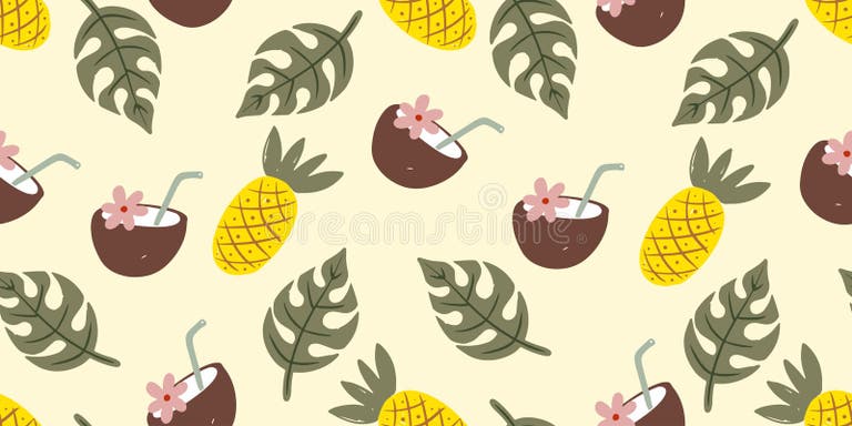 Tropical Hand Drawn Seamless Pattern with Coconuts and Pineapples for Summer Backgrounds Stock ...