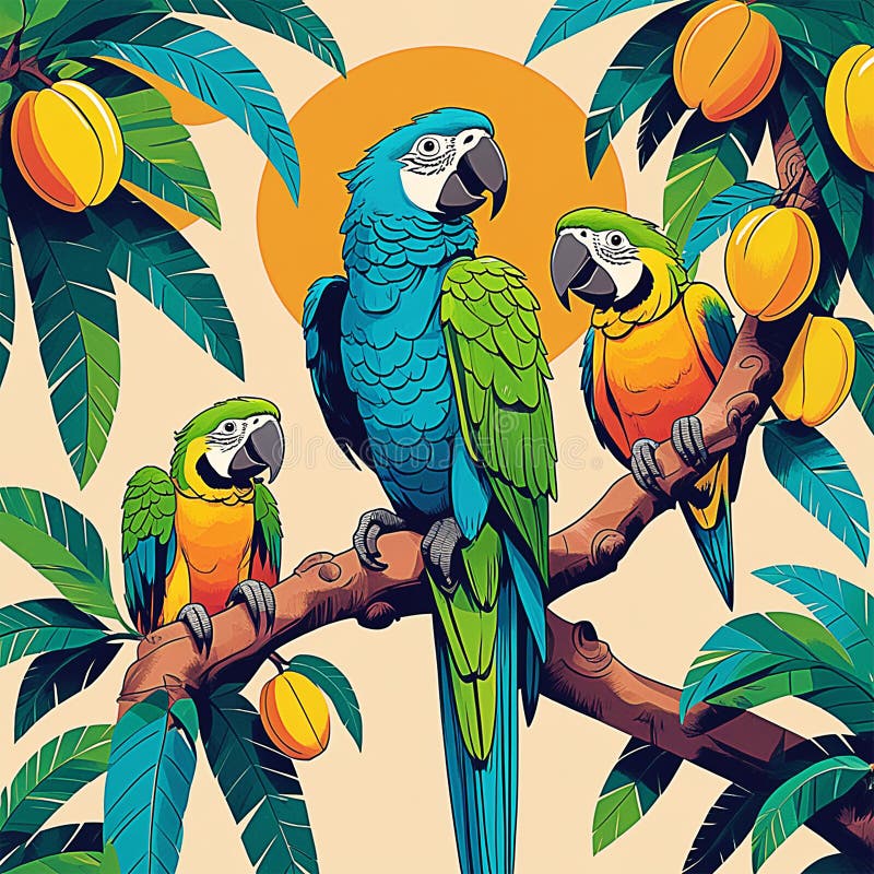 Tropical Harmony: Parrots Perched among Mango Trees Stock Photo - Image ...