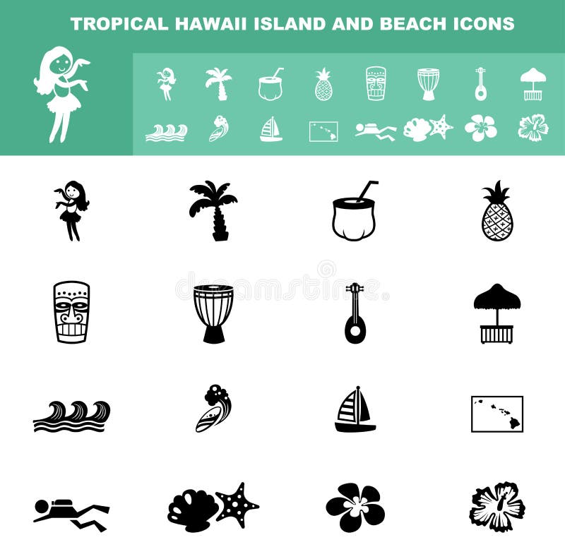 Tropical Hawaii Island and Beach Icons Stock Vector - Illustration of ...