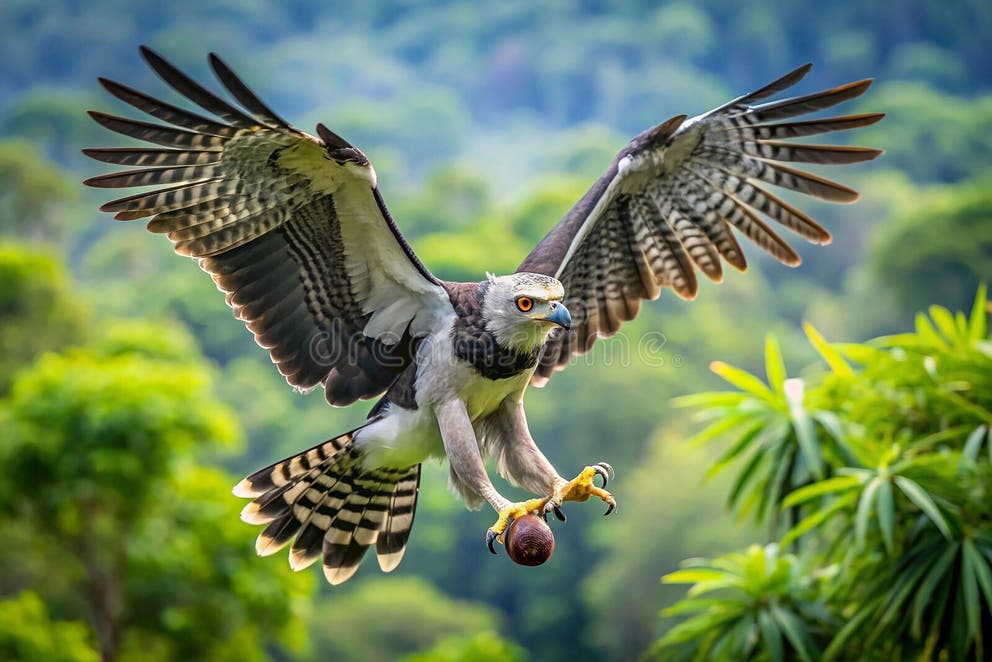Tropical Hawk in Flight, Catching Fruit, Rainforest Background Stock ...