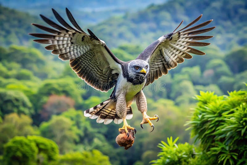 Tropical Hawk in Flight, Catching Prey, Lush Forest Stock Illustration ...