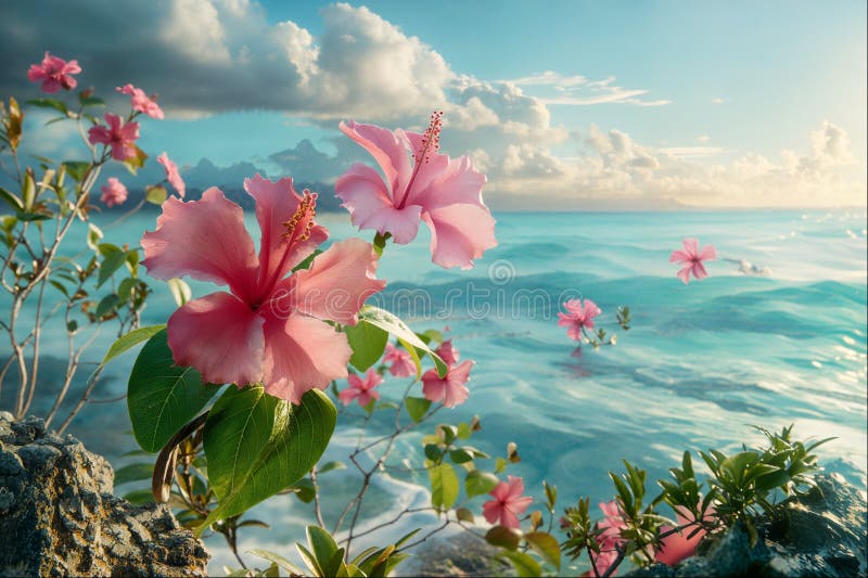 Tropical Hibiscus Flowers Overlooking Ocean Stock Photo - Image of ...
