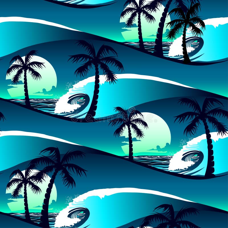 Tropical Hibiscus and Palm Tree at Sunset Seamless Pattern Stock Vector ...