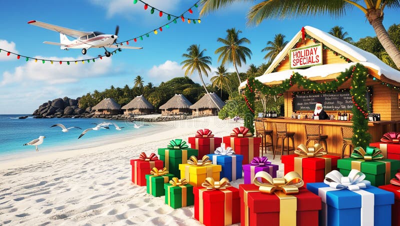 Tropical Holiday Celebration on Beach with Gifts Stock Photo - Image of ...