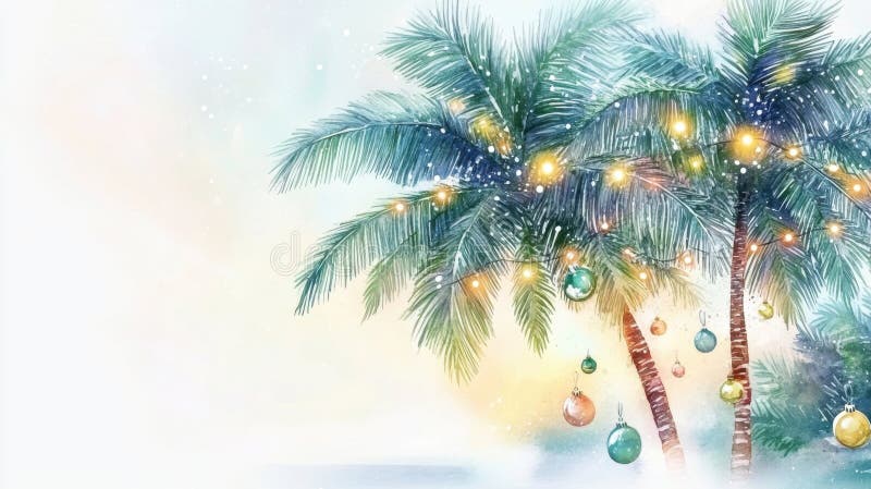 Tropical Holiday Celebration with Palm Trees and Festive Lights Stock ...