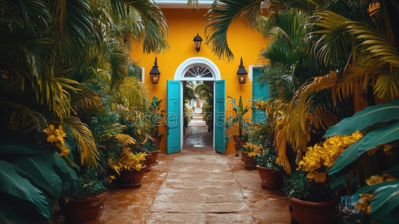 Tropical House Entrance with Teal Doors and Lush Greenery Stock Photo ...