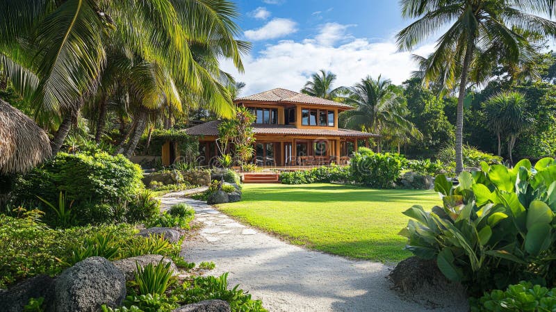 Tropical House with Palm Trees and Stone Path Stock Illustration ...