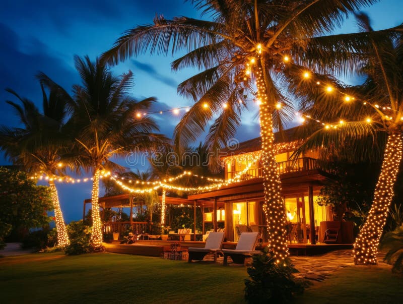 Tropical House with String Lights and Palm Trees at Night Stock ...