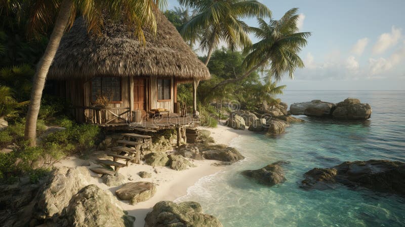 Tropical Hut on Beach with Ocean Stock Illustration - Illustration of ...