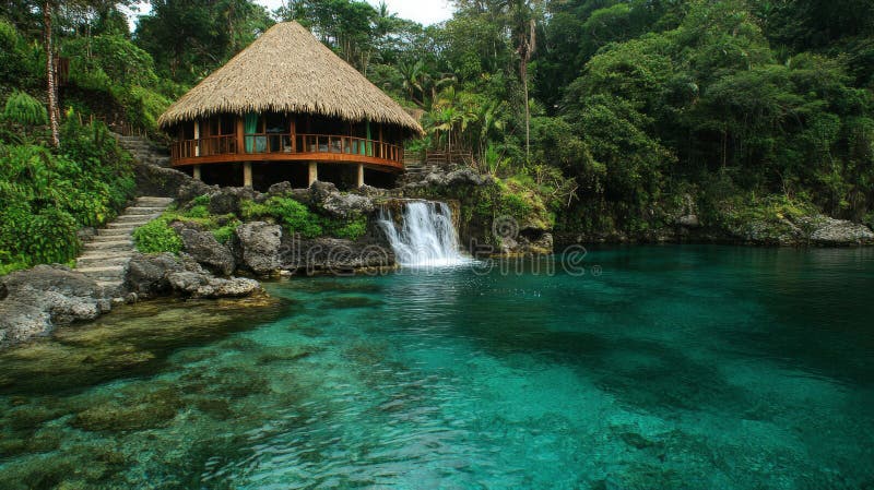 Tropical Hut Overlooking a Crystal Clear Waterfall Pool Stock ...