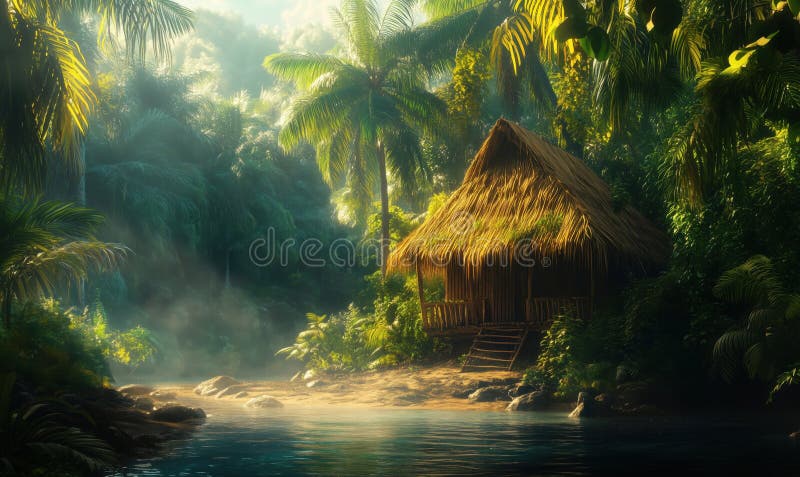 Tropical Hut by Serene River Surrounded by Lush Greenery and Palm Trees ...