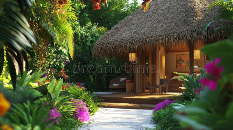 Tropical Hut with Stone Pathway and Lush Greenery Stock Illustration ...
