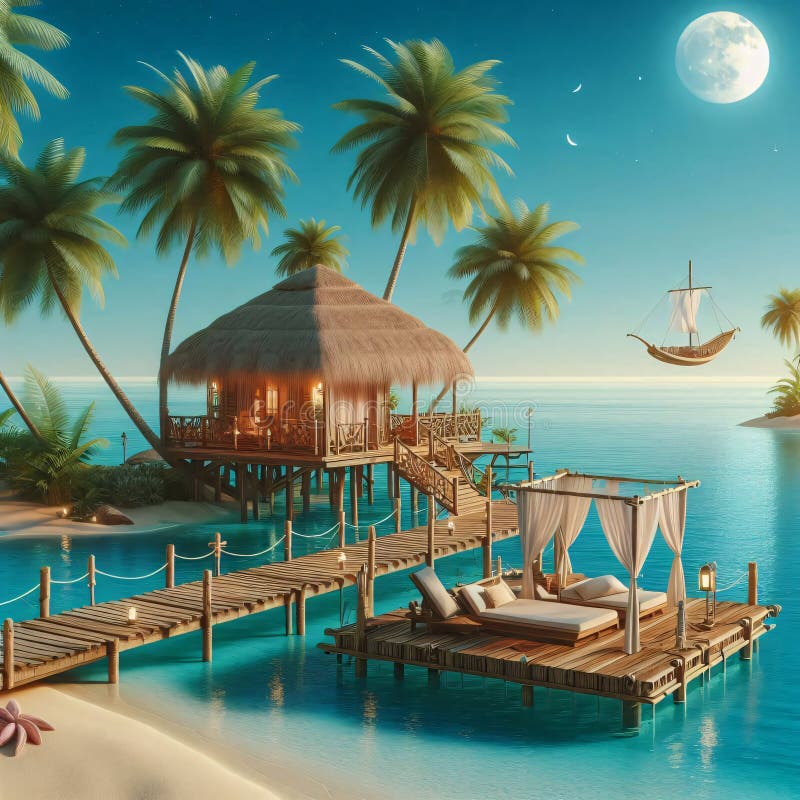 Tropical Hut on Water Under Moonlight, with a Ship and Palms Stock ...