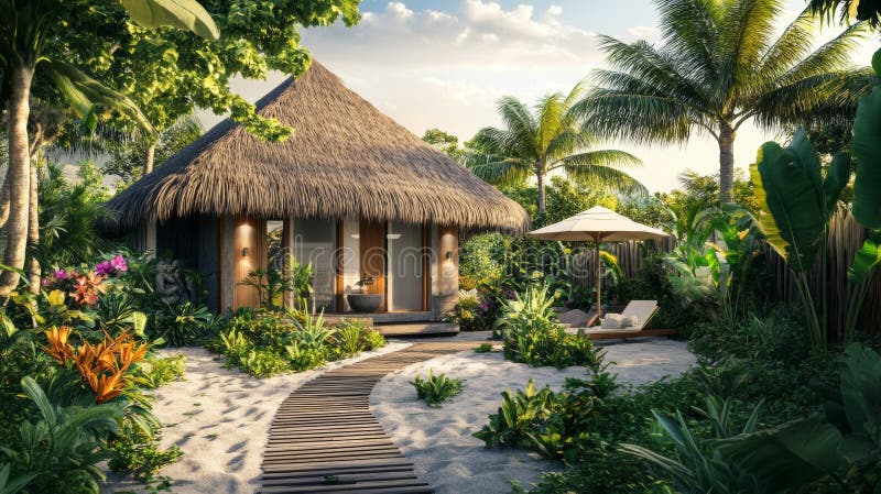 Tropical Hut with Wooden Pathway in Lush Garden Stock Illustration ...