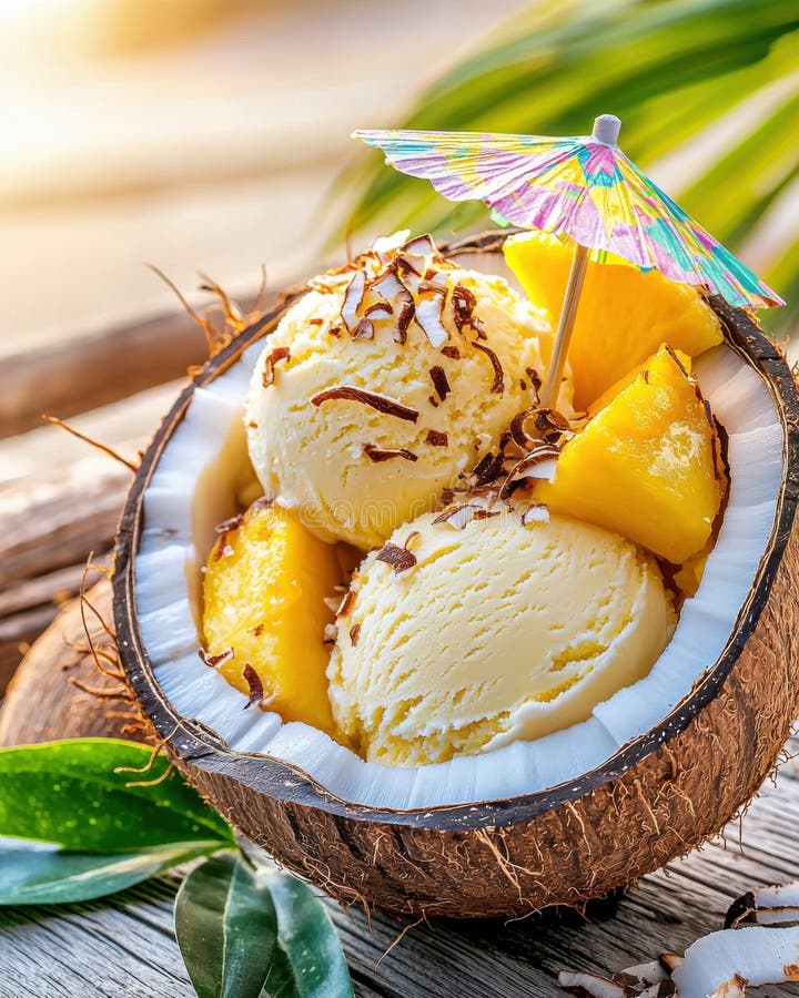 Tropical Ice Cream Sundae Served Coconut Shell Fruit Stock Photos ...