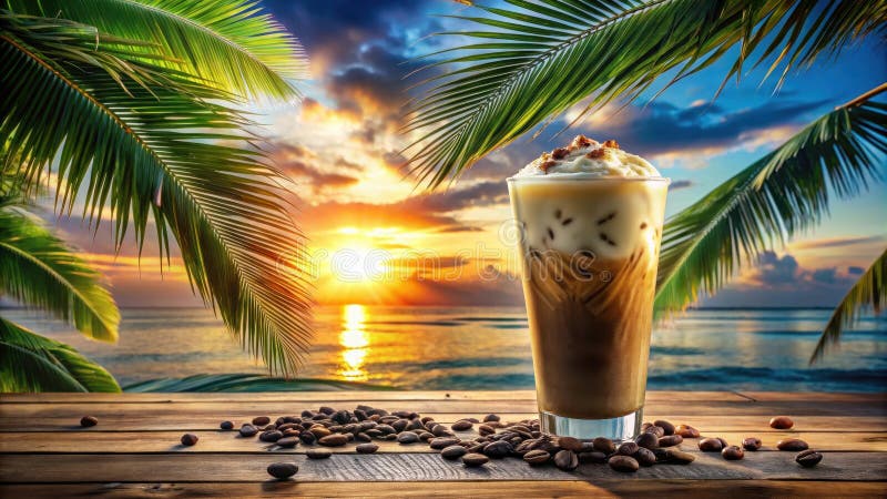 Tropical Iced Coffee Delight at Sunset on Wooden Dock. Generative AI ...