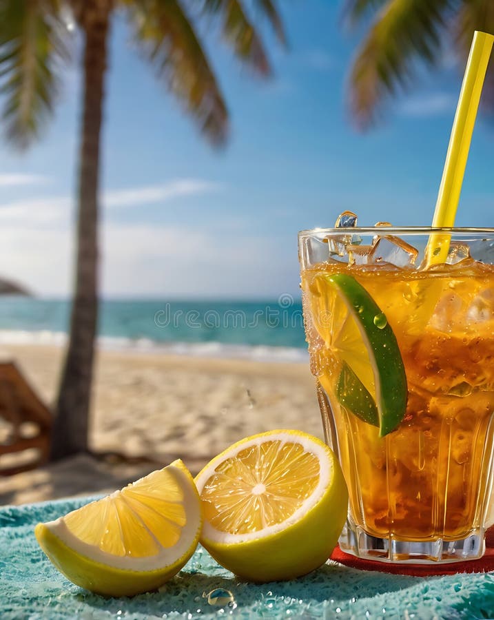 Tropical Iced Lemon Tea by the Beach Stock Illustration - Illustration ...