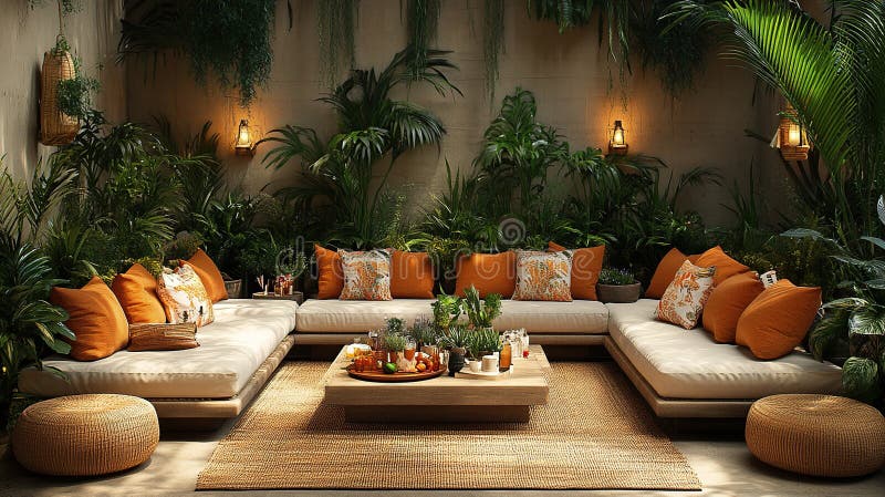 Tropical Indoor Lounge Area with Orange Accents Stock Illustration ...
