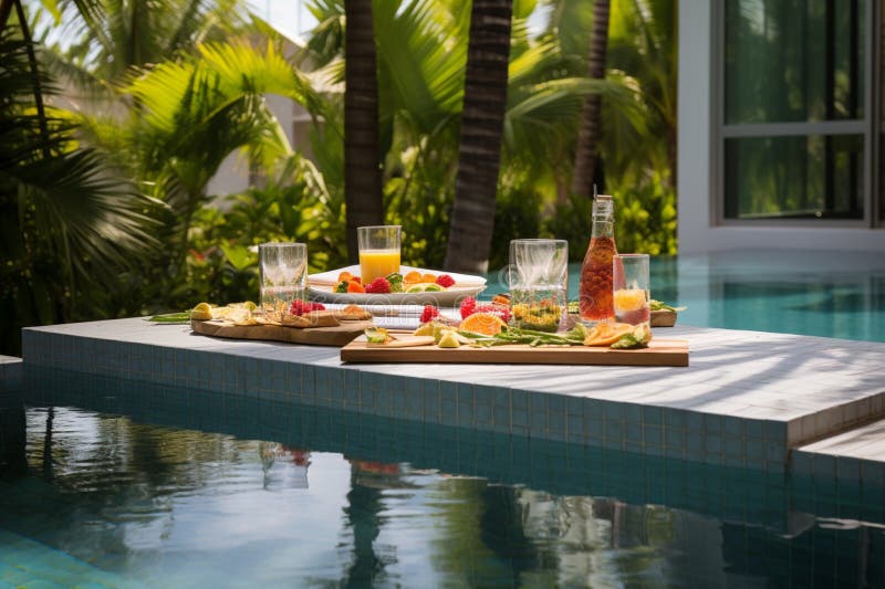 Tropical Indulgence Floating Breakfast Table in a Serene Resort Pool ...