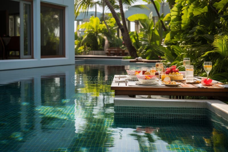 Tropical Indulgence Floating Breakfast Table in a Serene Resort Pool ...