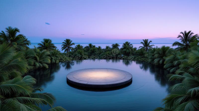 Tropical Infinity Pool with Circular Island at Sunset Stock ...