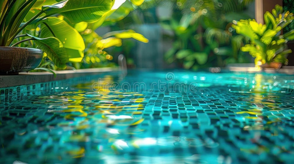 Tropical Infinity Pool with Lush Greenery and Sunlight Reflections ...