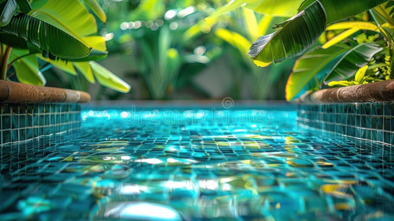 Tropical Infinity Pool with Lush Greenery and Sunlight Reflections ...
