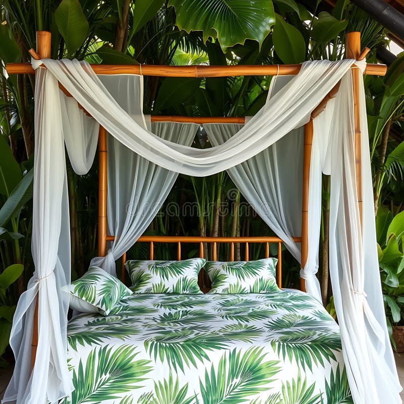 A Tropical Inspired Canopy Bed with Palm Leaf Patterned Bedding Bamboo ...