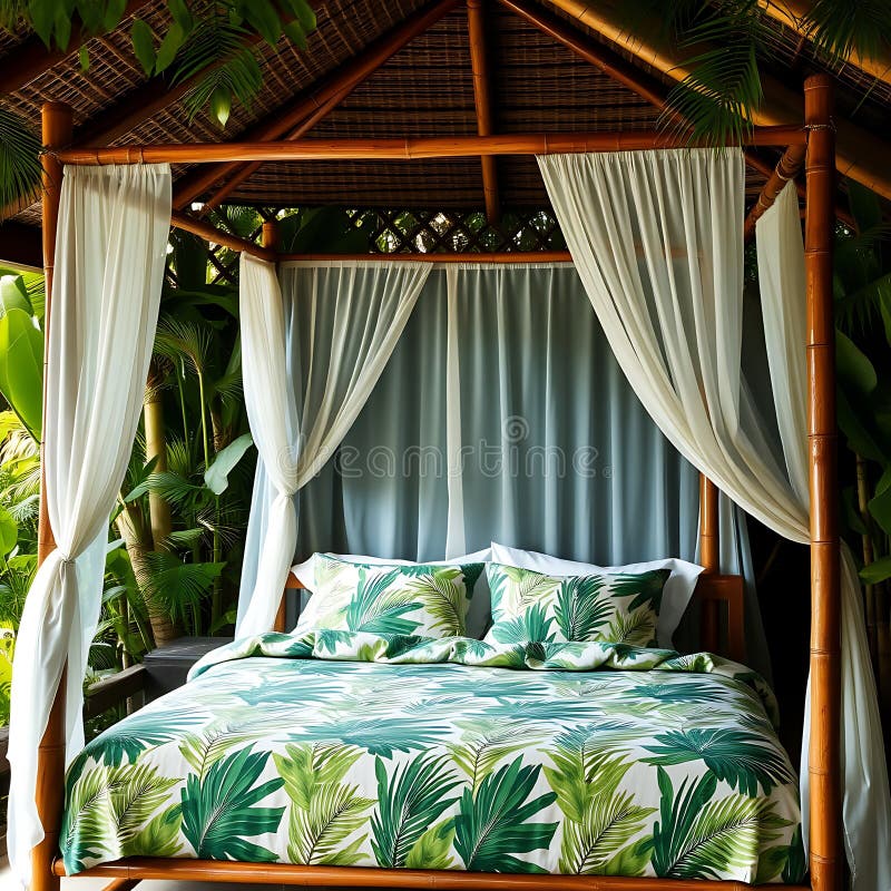 A Tropical Inspired Canopy Bed with Palm Leaf Patterned Bedding Bamboo ...