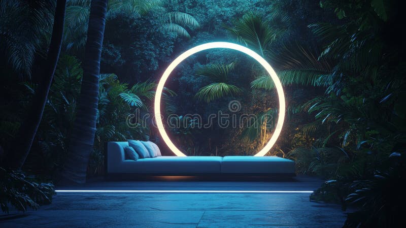 Tropical Interior Scene with a Sofa, Circular Frame, and Light Lamps ...