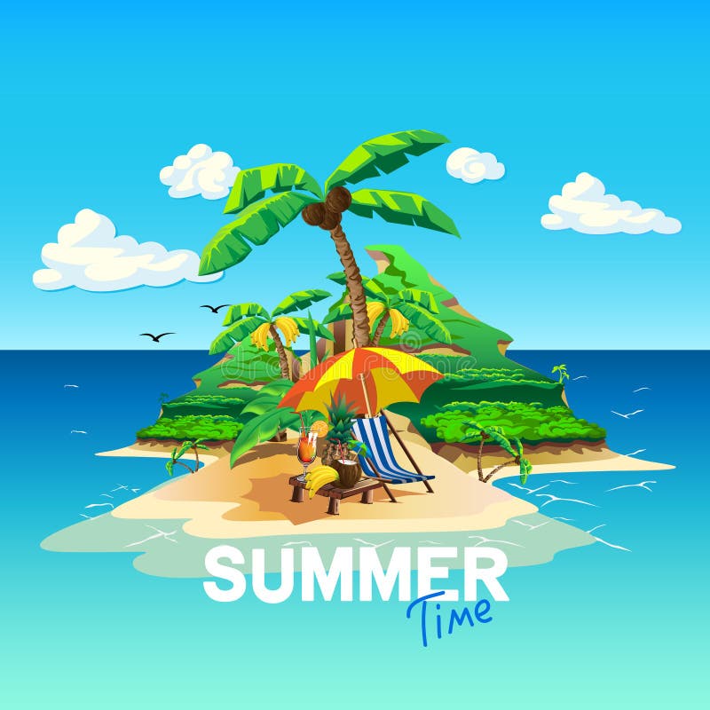 Beautiful Tropical Island with Palm Trees, Chaise Lounge Stock Vector ...