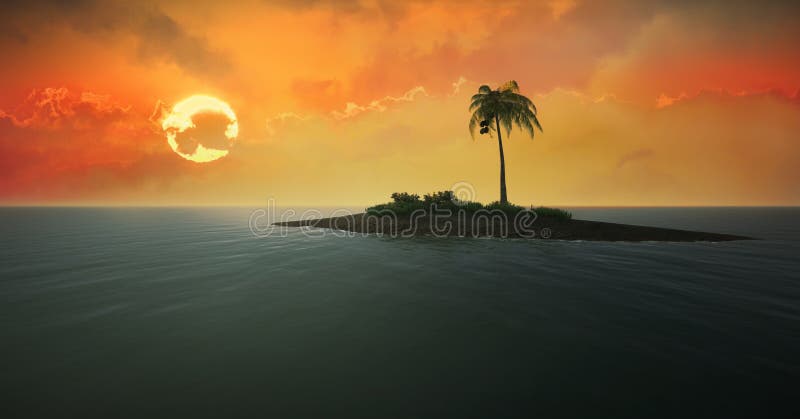 Tropical Island Against the Setting Sun Stock Illustration ...