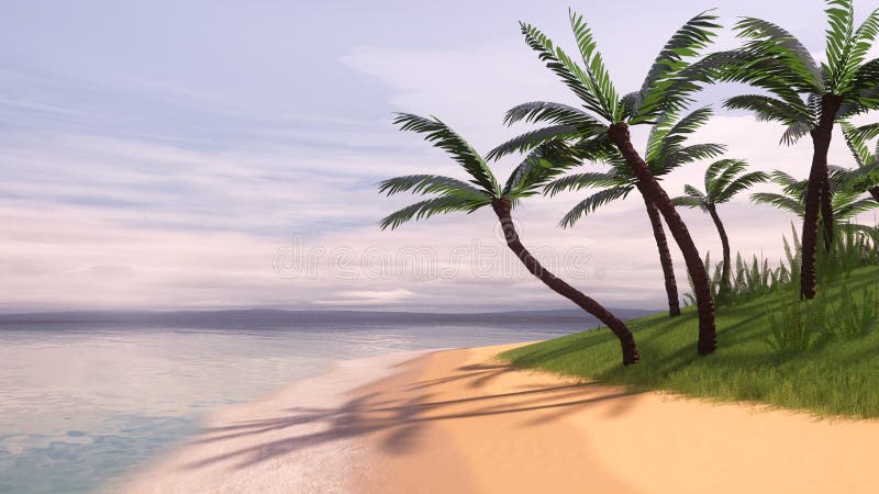 Tropical Island Beach with Palm Trees Casting Shadows on the Sand. 3D ...
