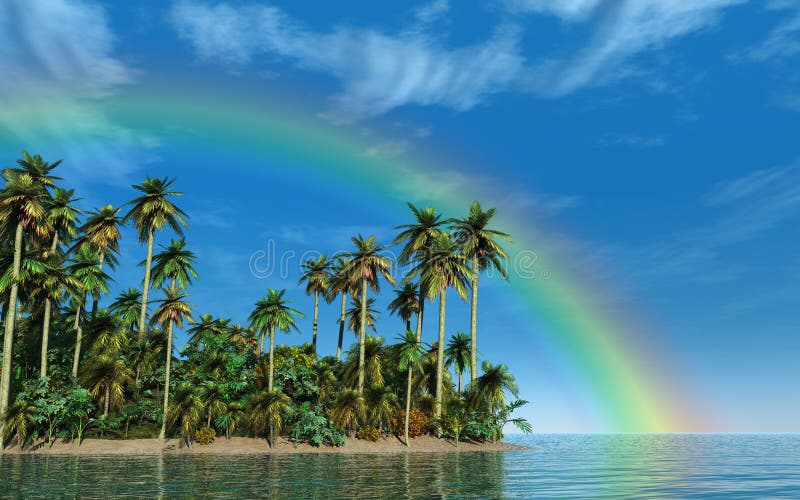 Tropical Island with Big Rainbow Stock Illustration - Illustration of ...