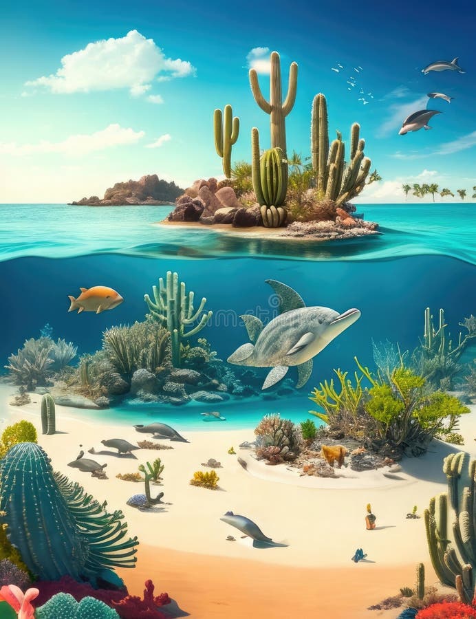 Tropical Island with Cactuses and Fish Stock Illustration ...