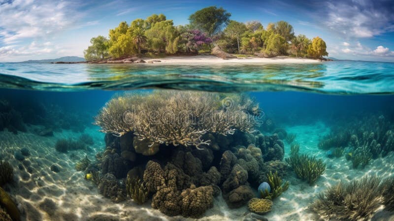 Tropical Island and Coral Reef Split View with Waterline Stock ...