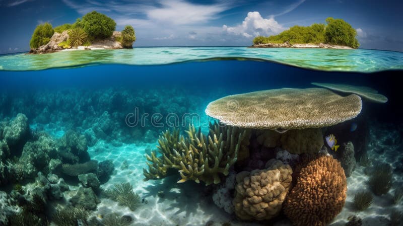 Tropical Island and Coral Reef Split View with Waterline Stock ...