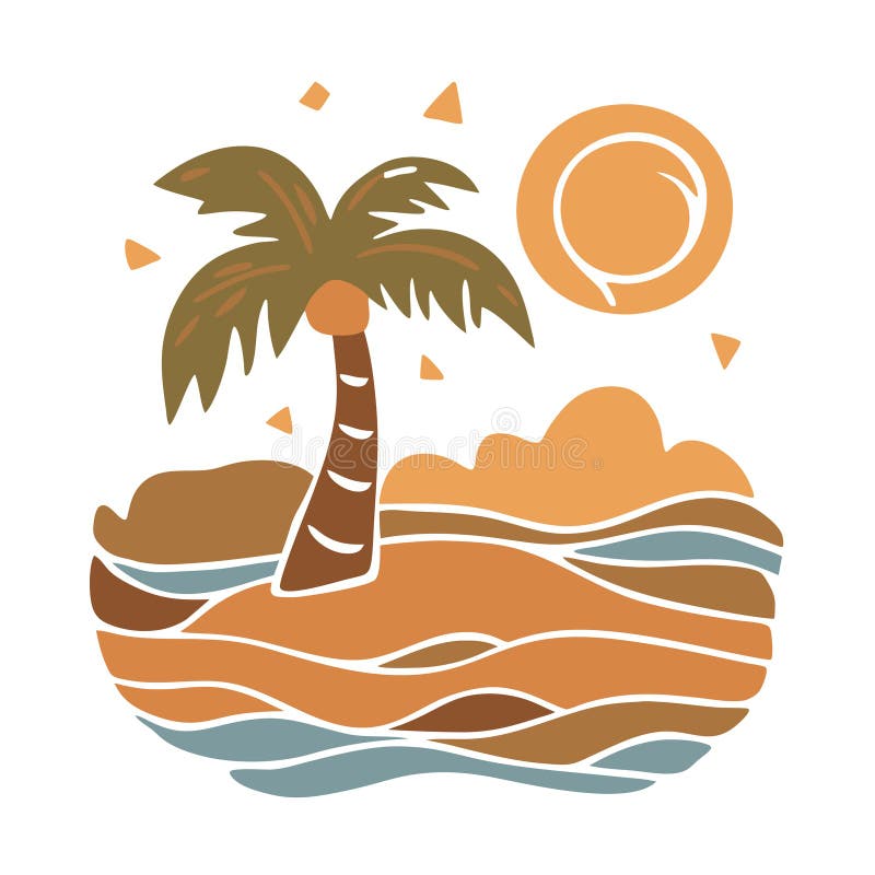 A Tropical Island is Depicted with a Single Palm Tree and a Bright Sun ...
