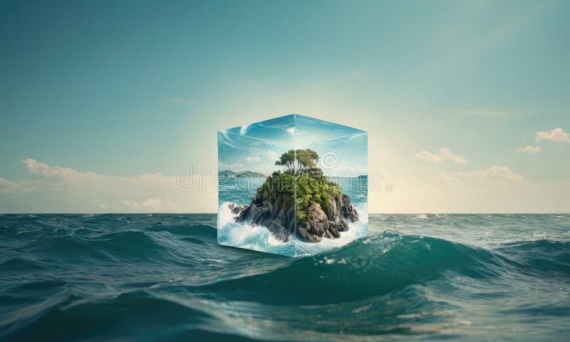 The Tropical Island is Encased in a Transparent Cube Stock Illustration ...