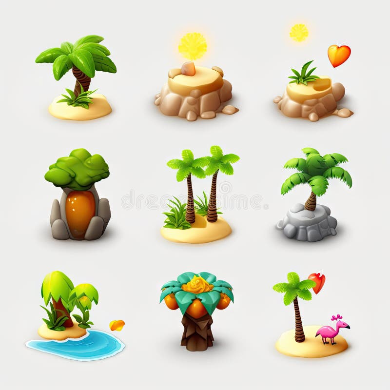 Tropical Island Icons for Game Assets. Stock Illustration ...