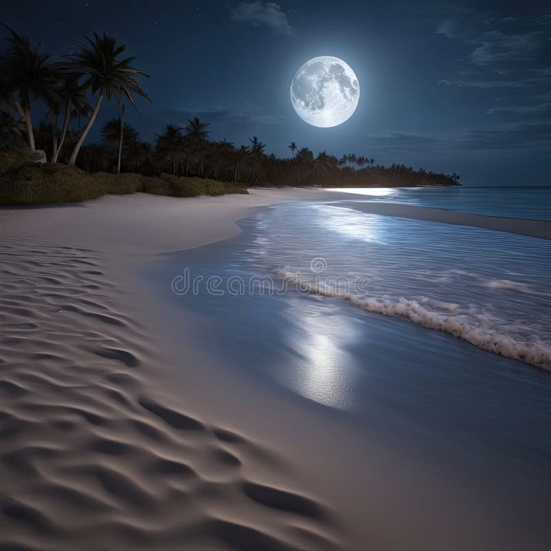 A Tropical Island by Night with a Full Moon, AI Generated Stock ...